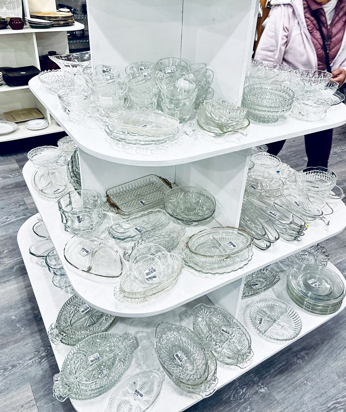 Crystal and glassware that sparkles under fluorescent lights like forgotten treasures. Grandma's china cabinet never looked this good.