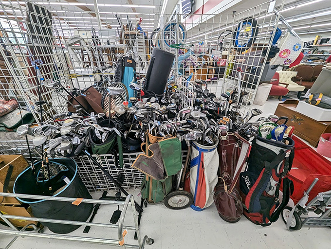 Golf club jungle where drivers, putters, and irons tangle together like metallic spaghetti, waiting for their next round.