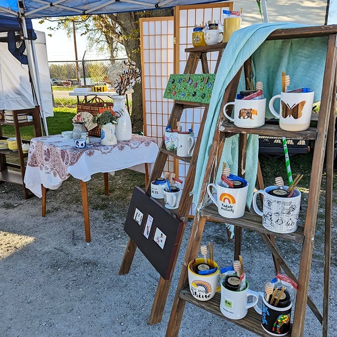 Artfully arranged mugs and vintage-inspired decor create the kind of display that empties wallets and fills homes with "character pieces."