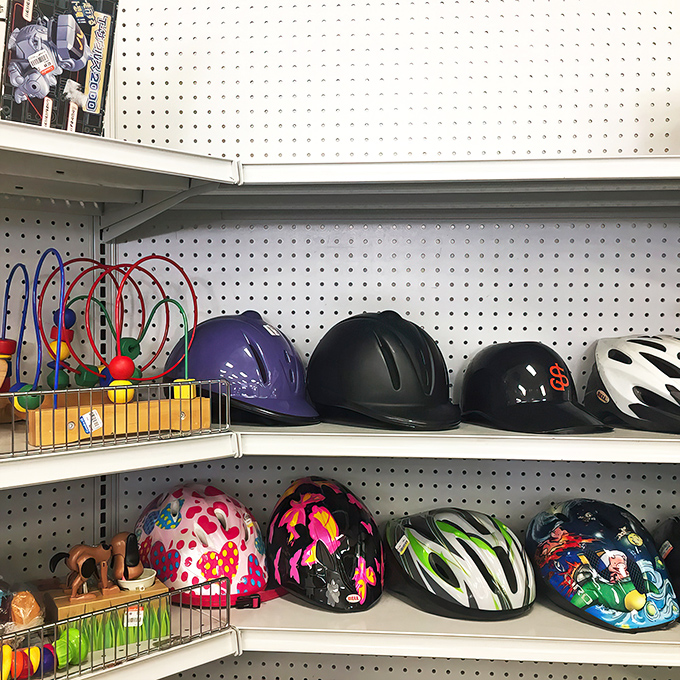 From equestrian headgear to colorful kids' helmets, this safety equipment shelf offers protection with personality at a fraction of retail prices.