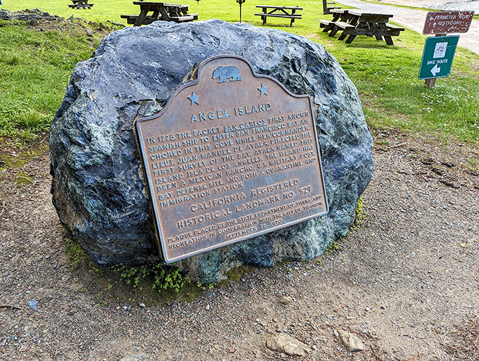 History set in stone—this landmark plaque reminds us that before Instagram spots and hiking trails, Angel Island played crucial roles in California's fascinating past.