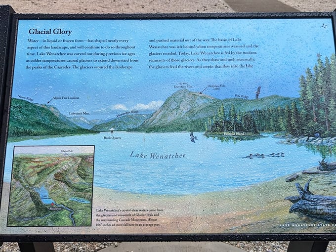 "Glacial Glory" indeed&mdash;nature's history lesson etched in landscape. This interpretive sign reveals Lake Wenatchee's ice age origins while you stand where ancient glaciers once ruled.