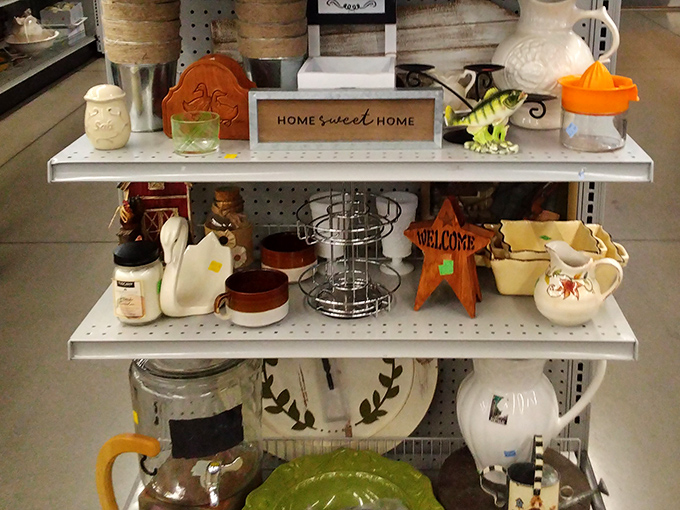 Home Sweet Home indeed! Farmhouse chic meets eclectic charm on these shelves. Someone's discarded d&eacute;cor becomes your conversation piece for less than a fancy coffee.