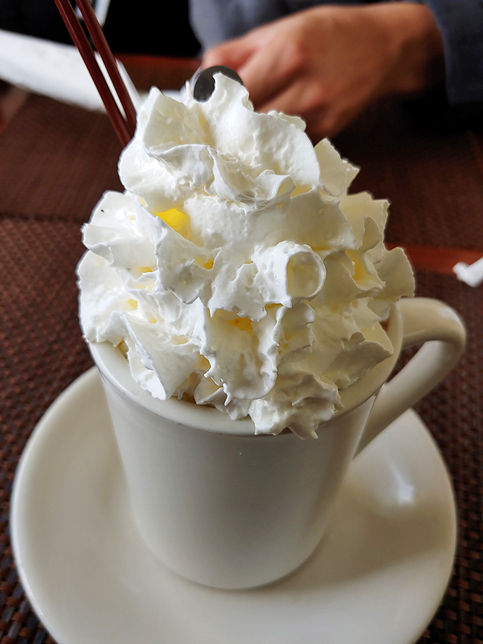 When whipped cream towers this magnificently over hot chocolate, you know someone in the kitchen believes in true generosity.