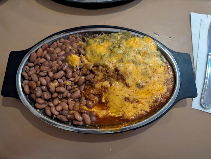 Huevos rancheros with a side of pinto beans &ndash; a breakfast so hearty it could fuel a cattle drive or just your morning shopping at the Plaza.