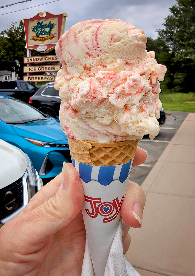 Ice cream that makes you forget your adult responsibilities. This strawberry swirl cone isn't just dessert&mdash;it's permission to feel like a kid again.