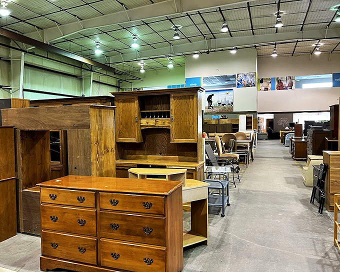 Furniture forest! Navigate through solid wood treasures that would cost a small fortune anywhere else but here await their next chapter.