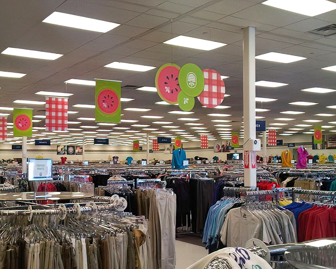 Watermelon decorations add a splash of summer whimsy to the store's practical layout&mdash;thrift shopping with a side of fruit-themed cheer.