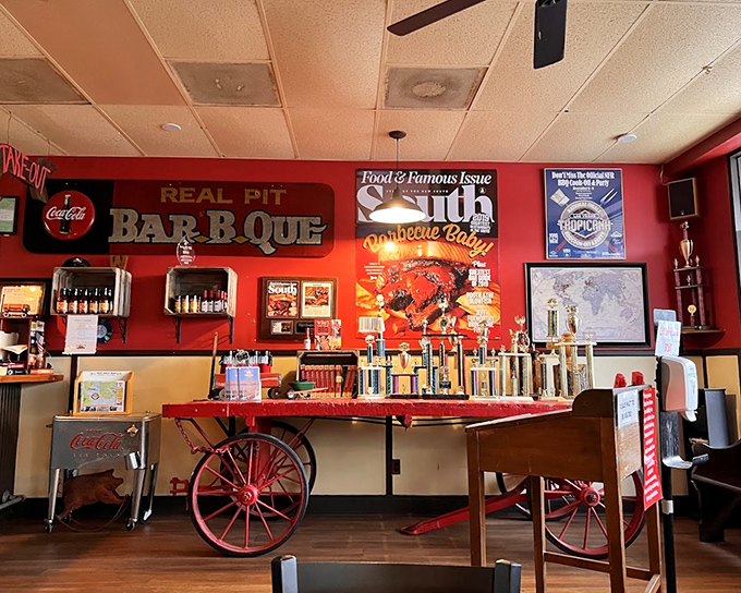 The trophy table&mdash;where barbecue championships are displayed like Olympic medals. That red wagon adds just the right touch of charm.