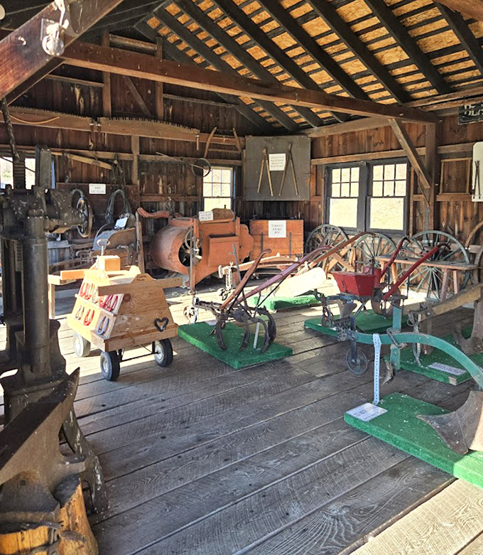 Where tools tell tales of callused hands and honest work. This barn workshop houses implements that built America long before power tools made everything sound like a dental appointment.