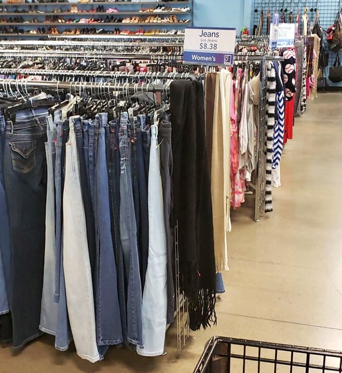 Denim dreams come true in the jeans section, where every wash and style imaginable hangs patiently.