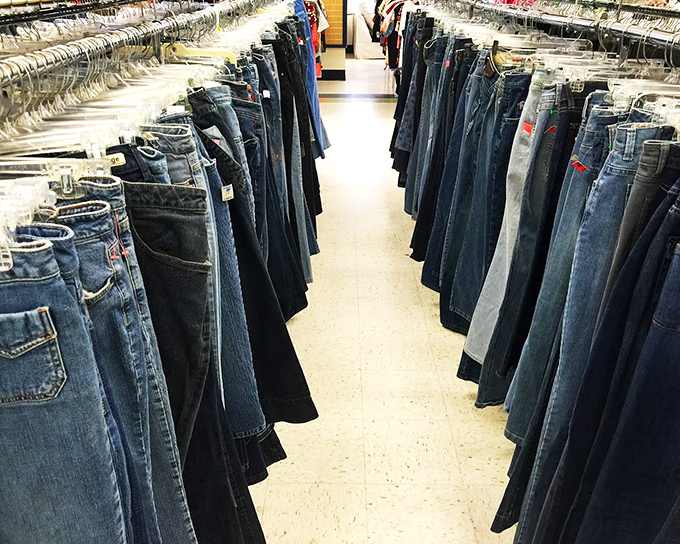 The denim corridor&mdash;a blue jean lover's dream where every pair tells a different story. Fashion archaeology at its most practical.