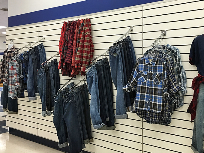 Denim paradise where flannel shirts and jeans hang like old friends at a reunion. The unofficial uniform of weekend warriors everywhere, priced for actual weekend warriors.