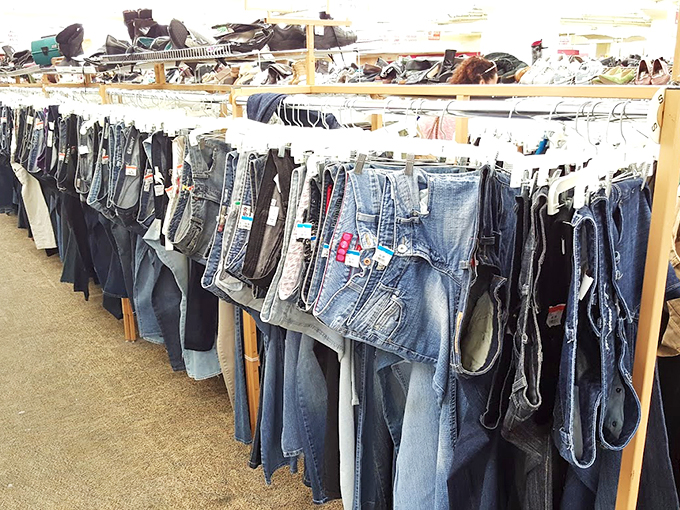 The denim wall&mdash;where jeans of every era hang like a fashion timeline, from bell-bottoms that witnessed Woodstock to skinny jeans that saw Instagram's birth.