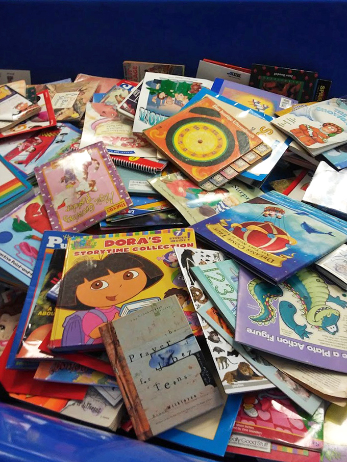 Dora explores the bottom of a bin while vintage board games and children's classics create a nostalgic literary landscape.