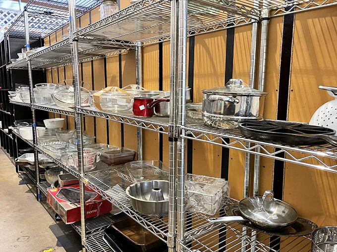 The kitchenware section stands ready to outfit aspiring chefs and ramen-heating college students alike with surprisingly pristine pots and pans.
