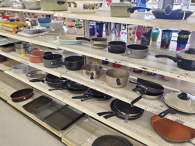 Pots, pans, and kitchen dreams arranged like a culinary museum where everything's actually for sale at reasonable prices.