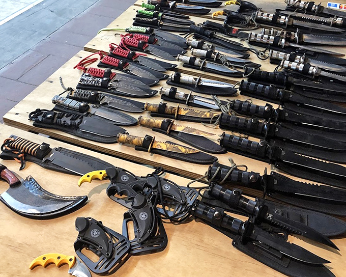 Sharp deals abound at this tactical display. The serious collector's eyes light up at this gleaming array of blades and handles.