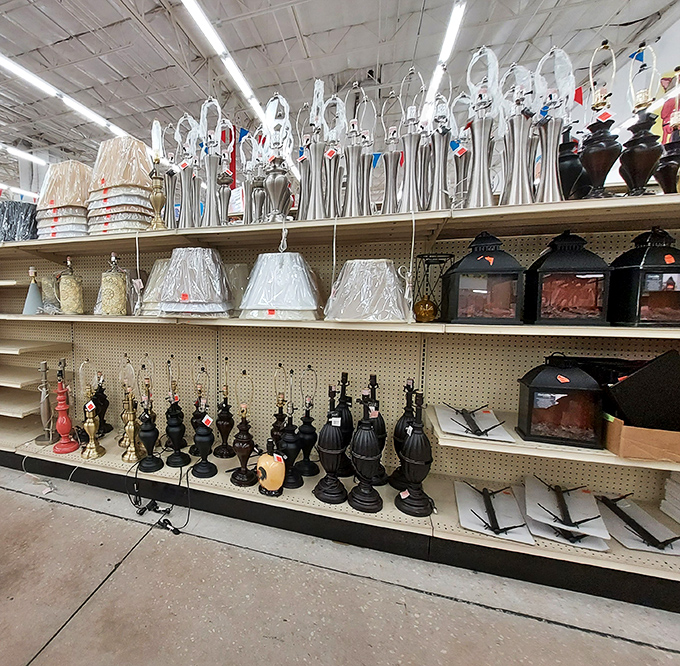 Lamp heaven where lighting fixtures stand like soldiers awaiting deployment to brighten corners of Florida homes. Lampshades for days!