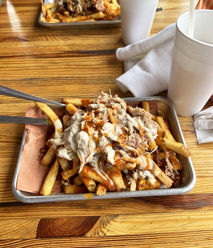 These loaded fries aren't just a side dish&mdash;they've been promoted to main character status with pulled pork and sauce playing supporting roles. 