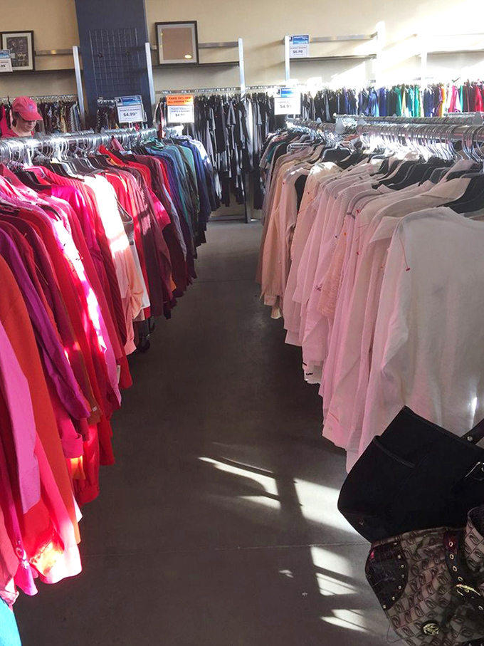 Color-coded clothing racks create a rainbow road to style reinvention. Navigate these aisles like a fashionista on a mission&mdash;methodically and with vision.