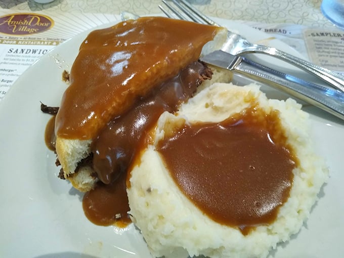 Mashed potatoes and gravy with roast beef&mdash;a plate that whispers "take a nap after this" in the most seductive way possible.