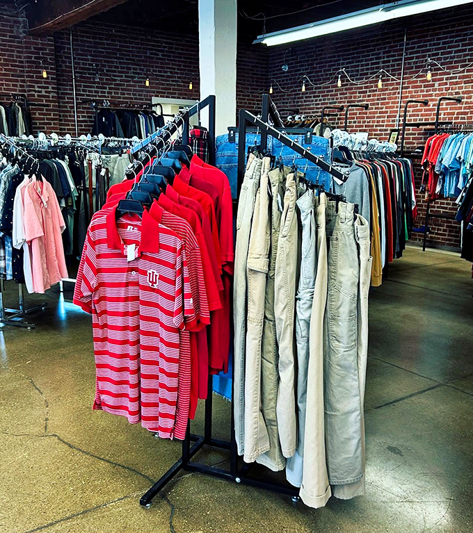 The brick wall backdrop adds industrial chic to these racks where IU pride and everyday essentials hang side by side, waiting for their next chapter.