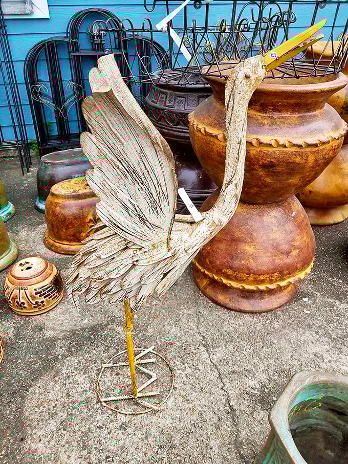 This wooden crane sculpture proves that yard art doesn't need to be a plastic flamingo to make your neighbors do a double-take.