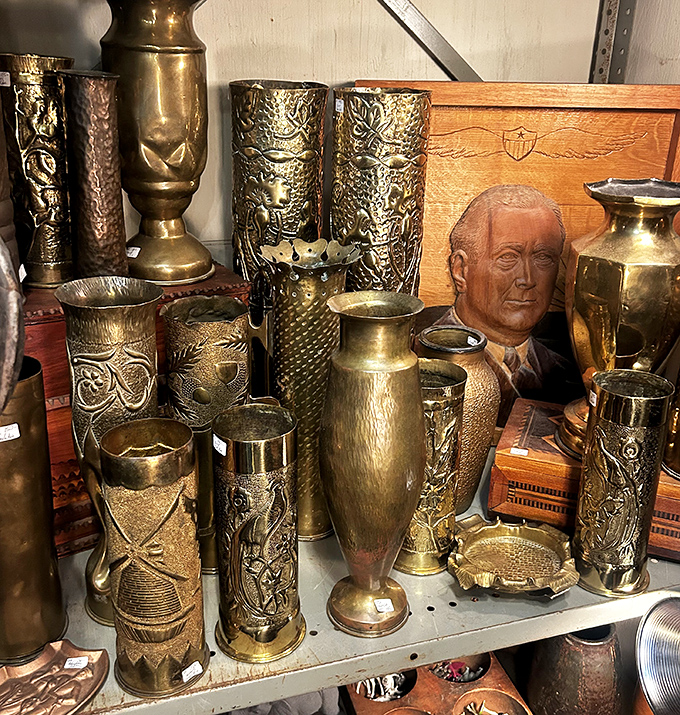 Brass and copper treasures gleam like pirate's gold, each piece crafted when quality truly mattered.