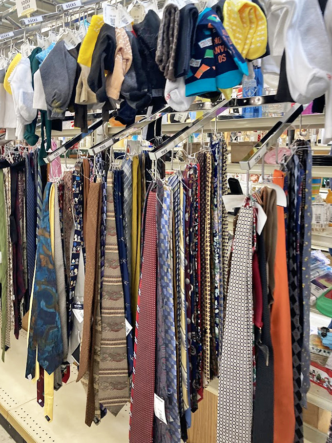 Necktie nirvana! From power patterns to subtle stripes, these silk statements hang like colorful stalactites in a cave of corporate castoffs.