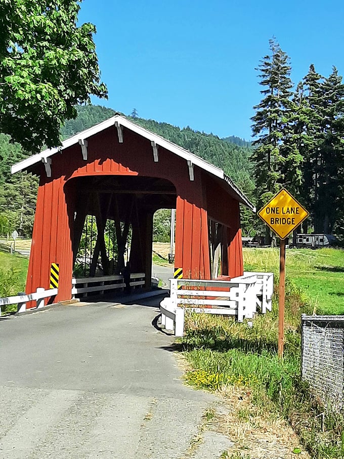 The "One Lane Bridge" sign&mdash;California's polite way of saying "take turns and be patient, folks&mdash;this bridge was here long before road rage was invented."