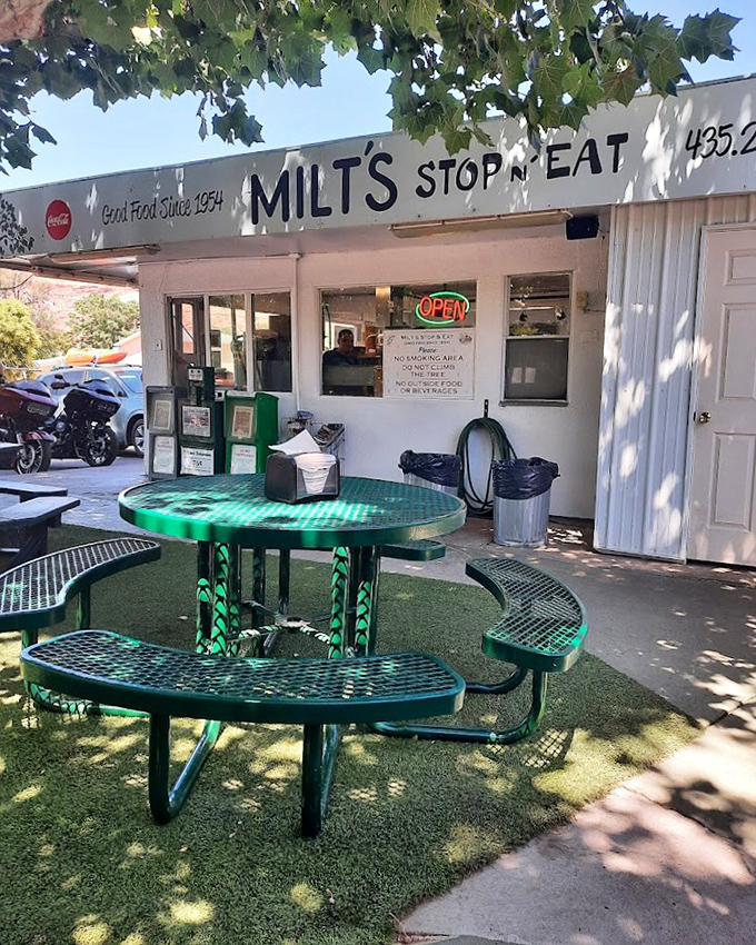 Green picnic tables under the Utah sun make the perfect setting for your burger pilgrimage feast.
