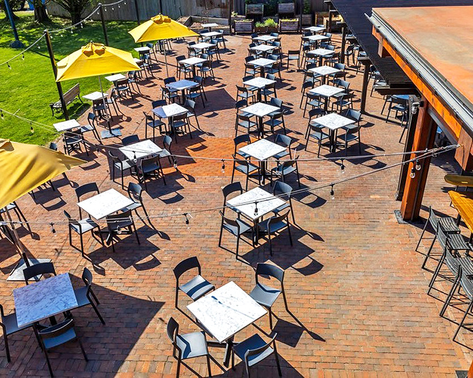 The riverside patio might be Pennsylvania's most spectacular outdoor dining setting &ndash; where brick, sunshine, and yellow umbrellas create summer magic.