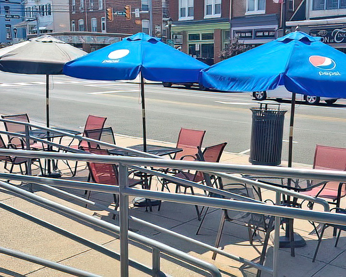 Outdoor seating under Pepsi-blue umbrellas offers the perfect perch for people-watching while enjoying your breakfast bounty on sunny Pennsylvania mornings.