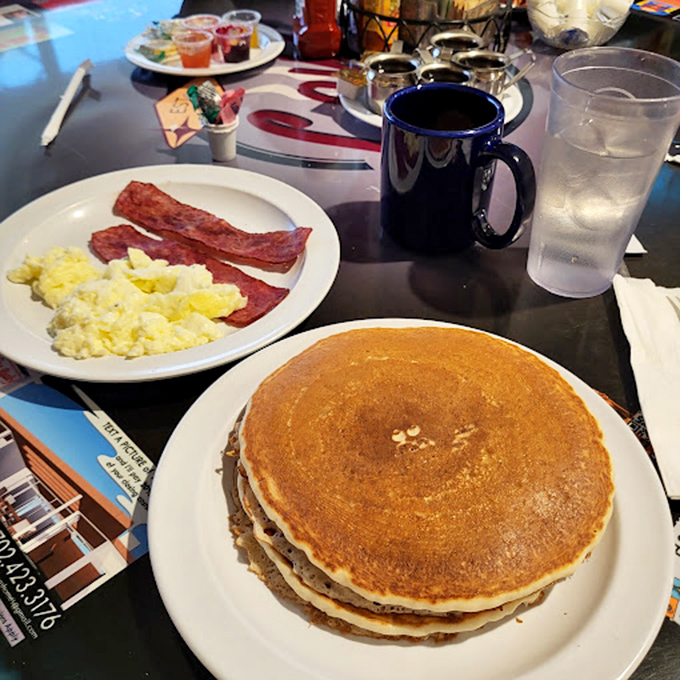 Pancakes the size of vinyl records, stacked high enough to cast a shadow &ndash; the breakfast equivalent of hitting a jackpot on your first pull.