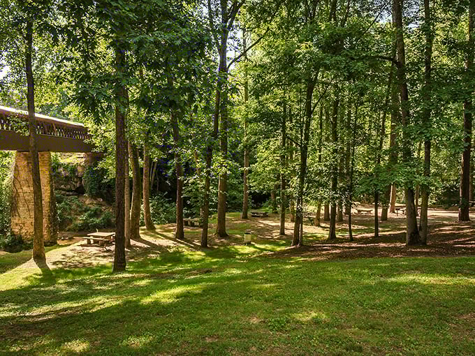 Dappled sunlight filters through towering pines, creating nature's own air conditioning in this peaceful picnic spot beside the historic structure.