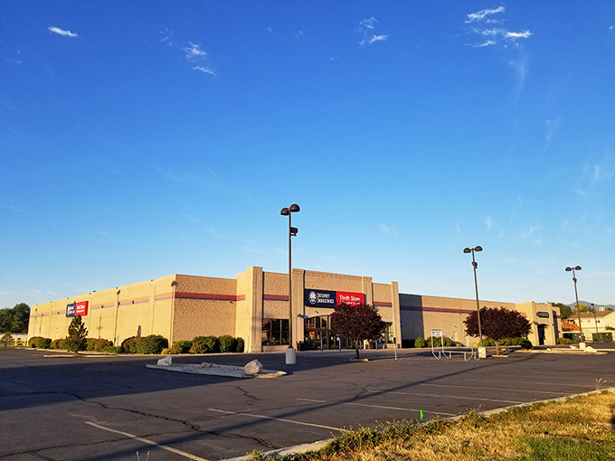 Morning light bathes the expansive building, turning an ordinary parking lot into the starting line for a day of thrifting adventures.