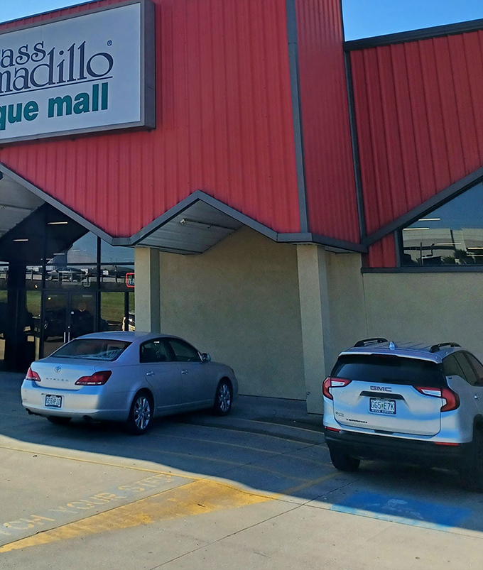 The distinctive red roofline makes spotting the Brass Armadillo easier than finding your car keys. Pro tip: take a photo of where you parked.
