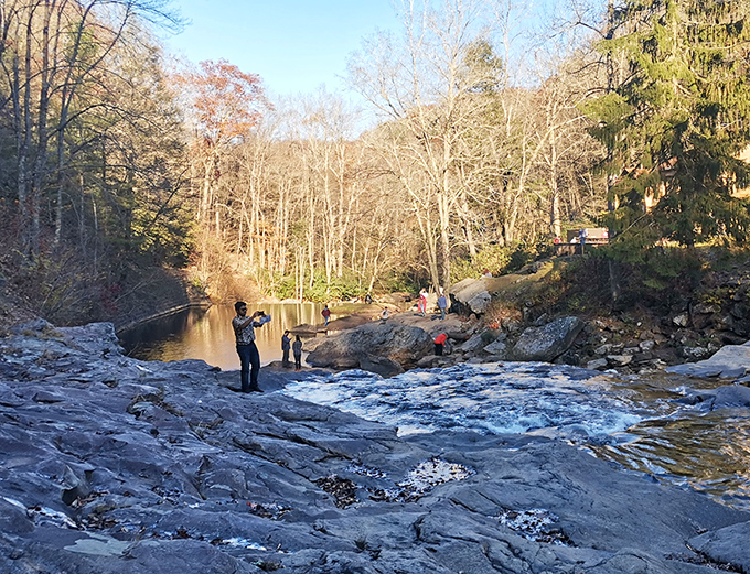 Rock-hopping philosophers contemplate life's currents at creek's edge, where time moves at nature's pace, not Wall Street's.