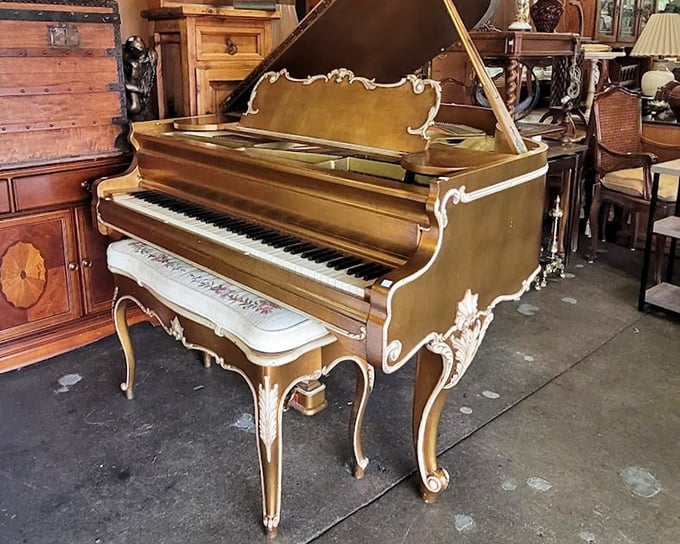This isn't just a piano&mdash;it's a time machine with keys. The ornate details and warm wood tones speak of parlor recitals and family gatherings long past.