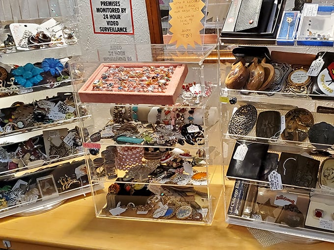 Treasure chests of costume jewelry where someone's "too much" becomes your "just right." Each brooch tells a story of dinner parties past.