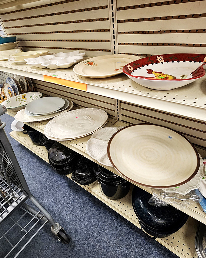 Serving platters with holiday patterns and everyday dishes create a ceramic timeline of American dining traditions.