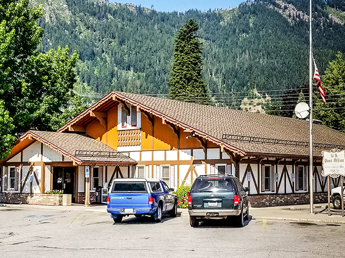 This Bavarian-style building with traditional timber framing houses shops and restaurants, proving that lederhosen and lattes can coexist beautifully.