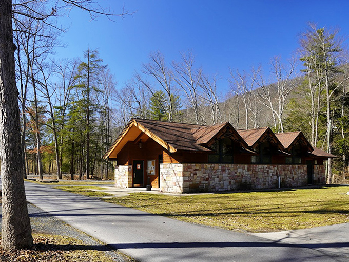 This rustic stone bathhouse looks like it belongs in a fairy tale, proving even practical facilities can have storybook charm.
