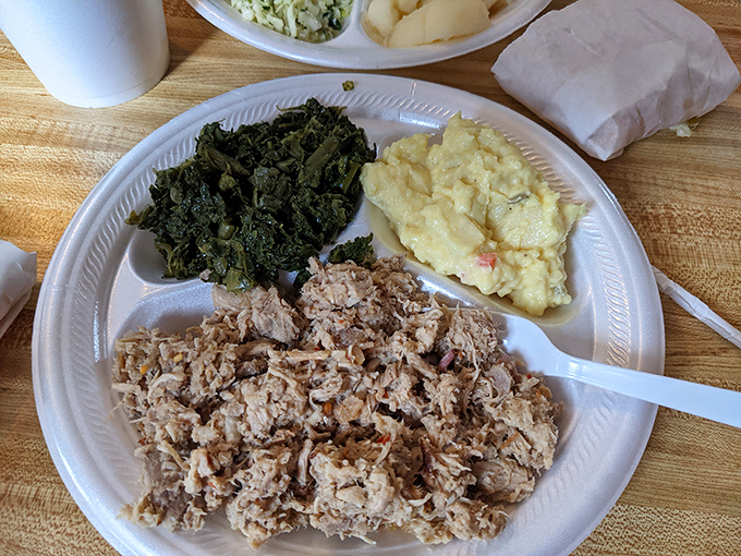 This pulled pork plate with classic sides looks like what your grandmother would serve if she ran a restaurant.