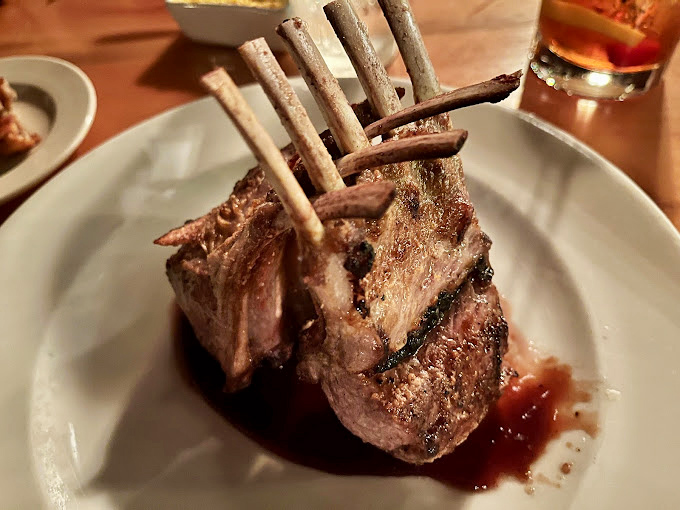 Rack of lamb standing proud like a meaty crown, the bones forming a perfect handle for what might be the most elegant finger food in the Midwest.