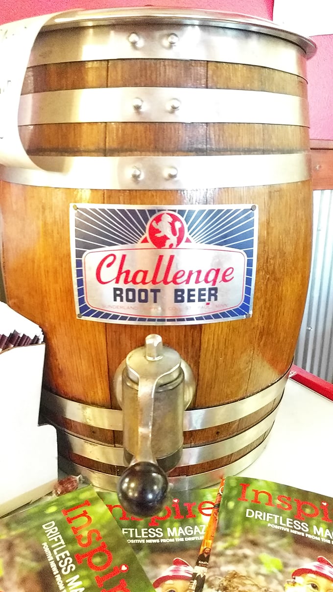 Nothing says "we take our beverages seriously" like root beer served from a vintage wooden barrel. Norman Rockwell would approve.
