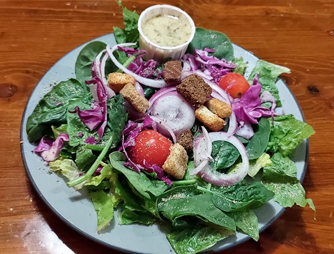 A salad that actually excites&mdash;vibrant greens, purple cabbage, and croutons that weren't born in a factory. Eating healthy never looked so good.