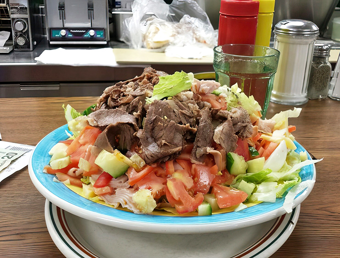 A salad topped with generous beef slices for when you want vegetables but refuse to compromise on protein.