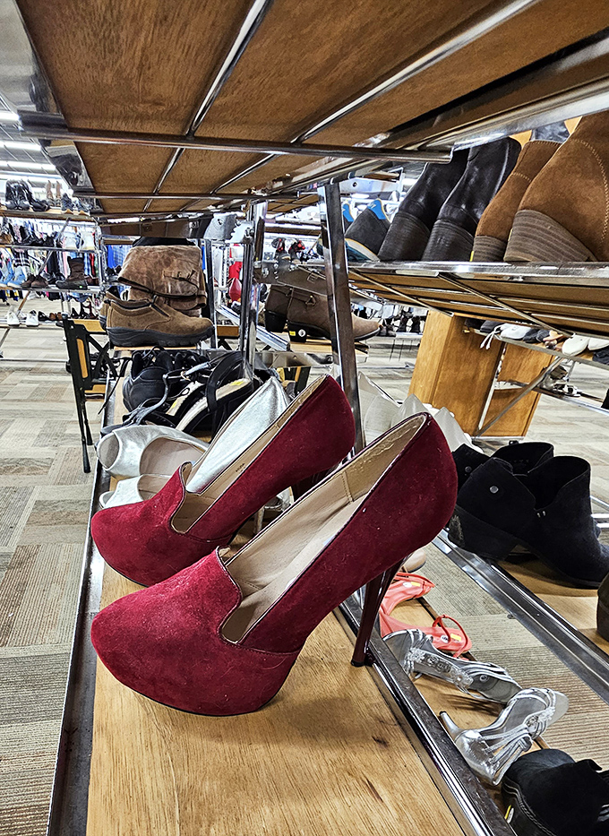 Ruby red platforms whisper promises of nights on the town. Barely worn footwear finds new life and saves your wallet from retail sticker shock.